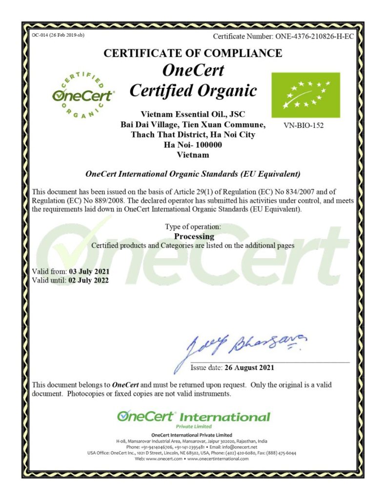 Organic Certificate - Sticklac Vietnam